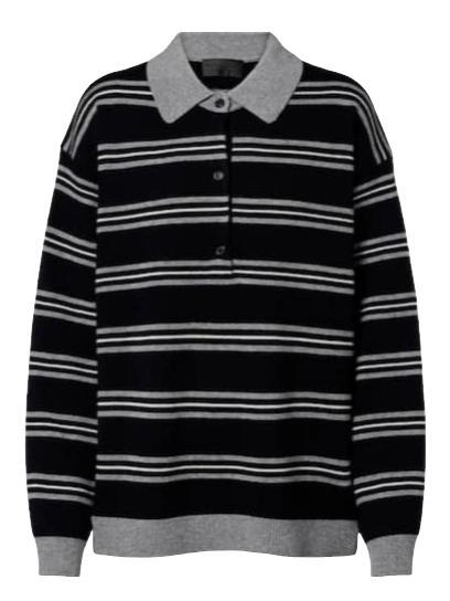 NILI LOTAN Galvez Striped Cashmere Polo Sweater - Black