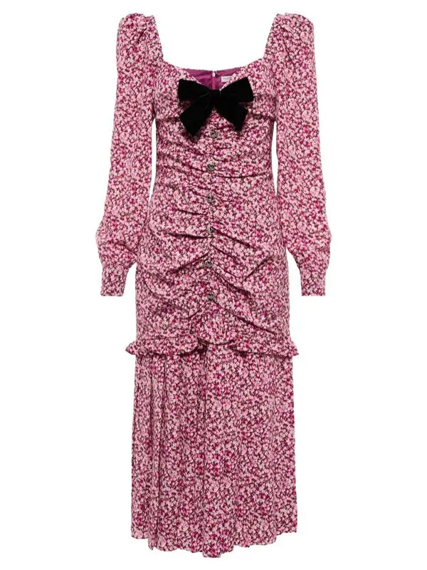 Alessandra Rich Floral Silk Midi Dress - Purple