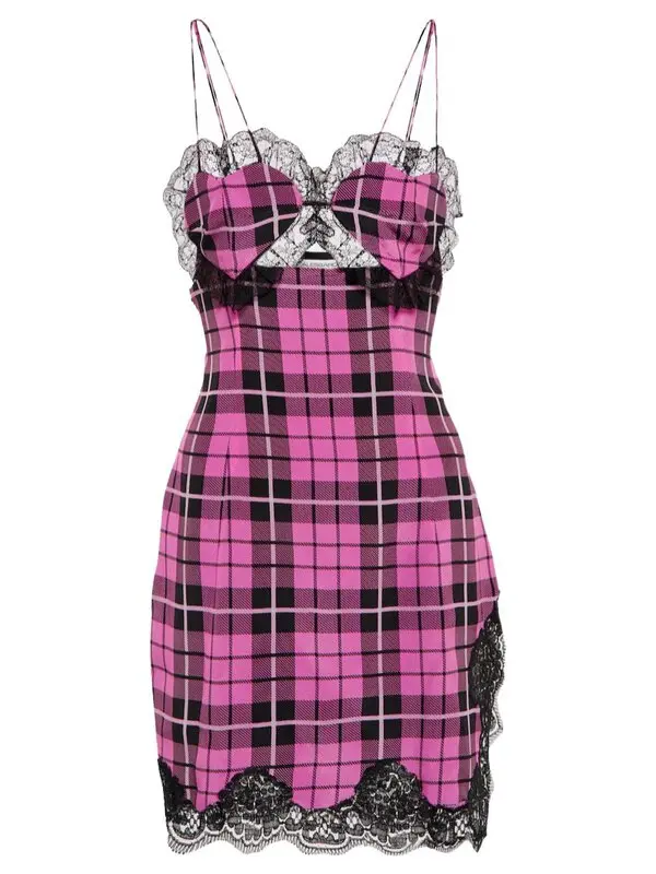 Alessandra Rich Lace-trimmed Checked Silk Mini Dress - Pink