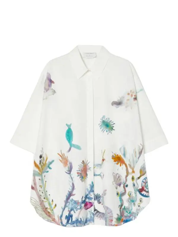 Marina Rinaldi Printed Cotton Poplin Tunic Shirt - Ice
