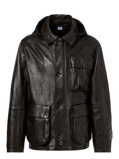C.P. COMPANY Leather Zip-up Jacket With Drawstring Hood - Black