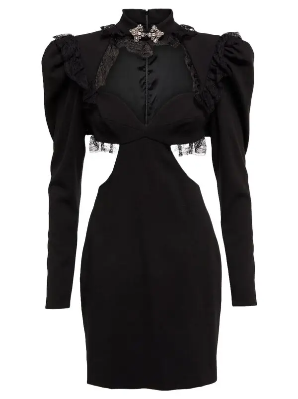 Alessandra Rich Lace-trimmed Wool-blend Minidress - Black