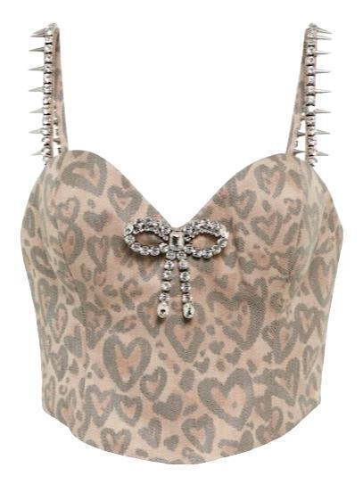AREA Embellished Leopard Heart Print Corset Top - Nude