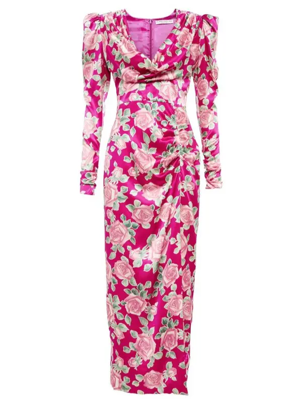 Alessandra Rich Floral Draped Silk Satin Maxi Dress - Multi-color