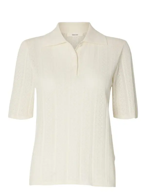 SELECTED Cotton Knitted Polo Shirt With Half-length Sleeves - Snow White