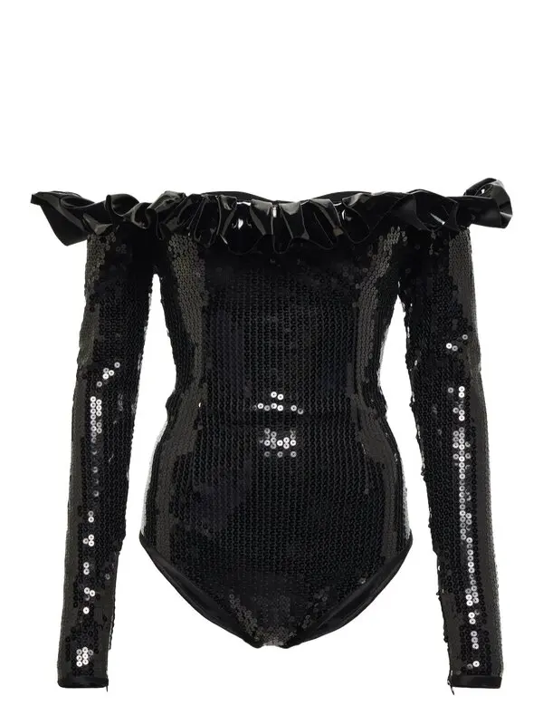 Alessandra Rich Sequined Off-shoulder Bodysuit - Black