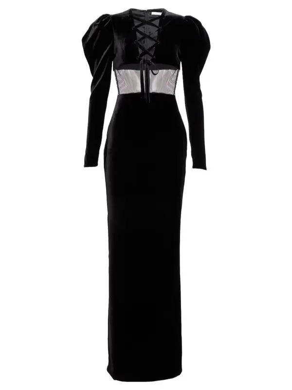 Alessandra Rich Velvet Maxi Dress With Mesh Midriff - Black