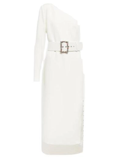 SAFIYAA LONDON Asymmetrical Midi Dress With Crystal Belt - White