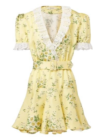 RODARTE Yellow Floral Print Satin And Broderie Anglaise Belted Minidress - Nude