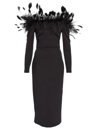 SAFIYAA LONDON Feather-trimmed Bardot Neck Midi Dress - Black