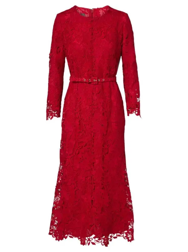 Monique Lhuillier Belted Lace Midi Dress - Red