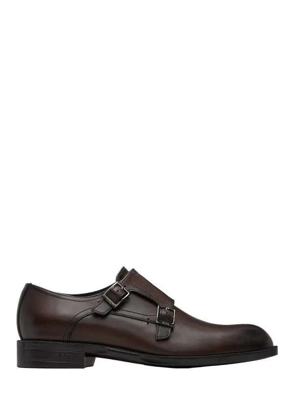 Hugo Boss Tayil Buckle Leather Monk Strap Shoes - Dark Brown