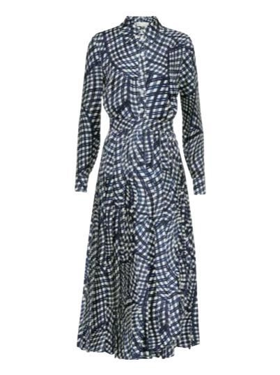Tory Burch Checked Pleated Silk Shirt Dress - Gray