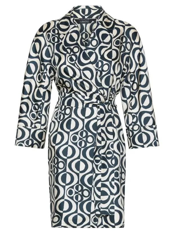 Max Mara Printed Long Sleeve Belted Dress - Navy Blue