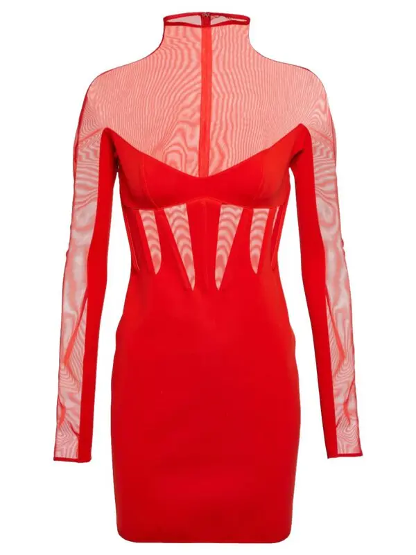 MUGLER Sheer Ruffle Mini Dress - Red