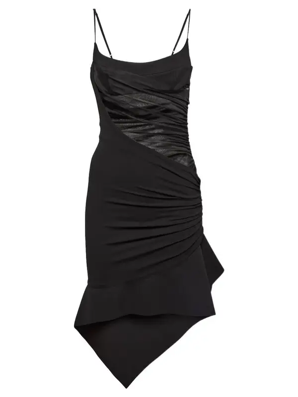 MUGLER Asymmetrical Pleated Midi Dress - Black