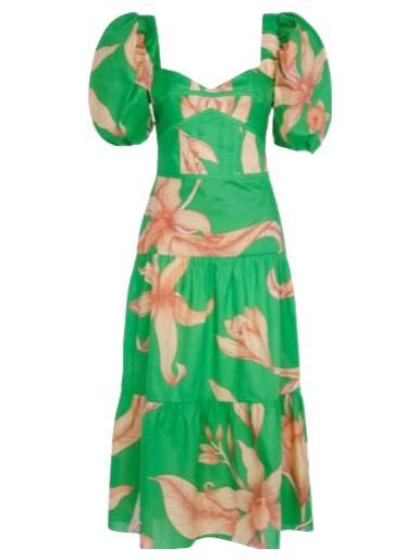 Johanna Ortiz Floral Puff Sleeve Midi Dress - Green