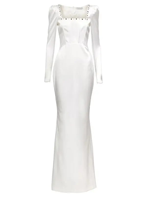 Alessandra Rich Square Neck Embellished Silk Blend Gown - White