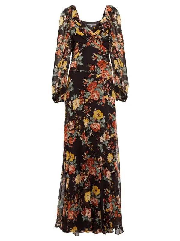 Veronica Beard Long Sleeve Printed Maxi Dress With Floral Motifs - Black
