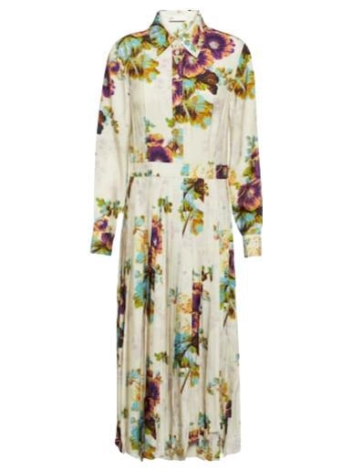 Tory Burch Floral Pleated Satin Shirt Dress - Nude