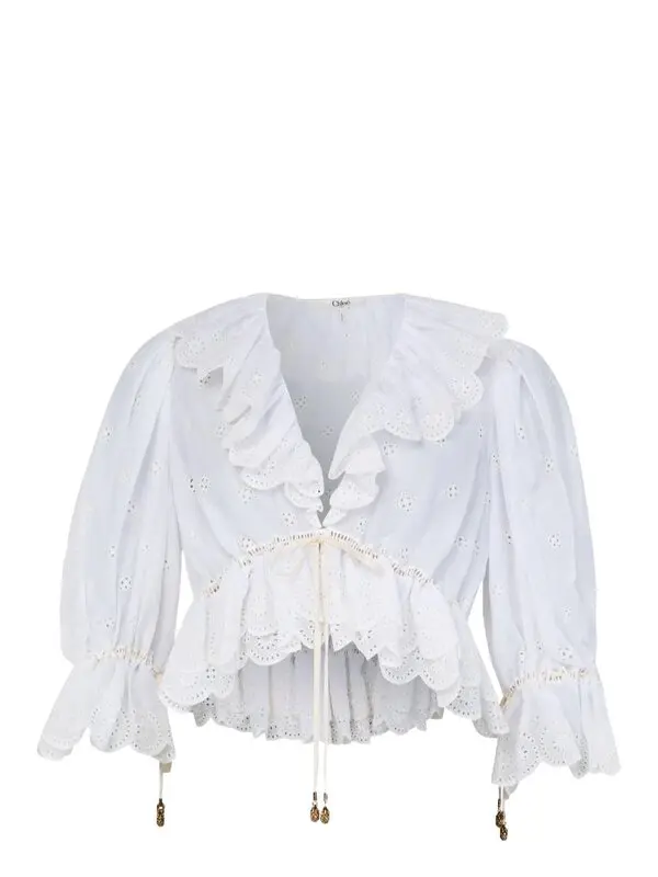 Chloé Broderie V-neck Ruffle Top - White