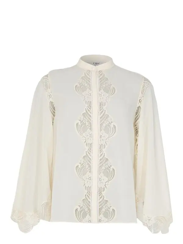 Chloé High Neck Long Sleeve Lace Detail Shirt - White