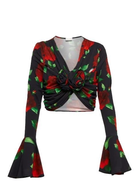 Magda Butrym Floral Ruched Bell Sleeve Crop Top - Black