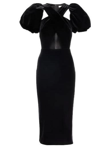 CHRISTOPHER KANE Velvet Wrap Midi Dress With Puff Sleeves - Black