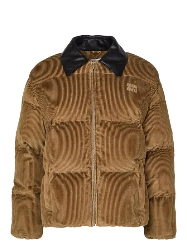 Miu Miu Zip Up Corduroy Puffer Jacket With Graphic Detail - Brown