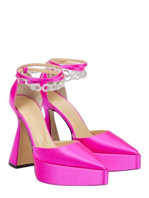 MACHMACH Bow Chain Embellished Satin Platform Pumps - Pink