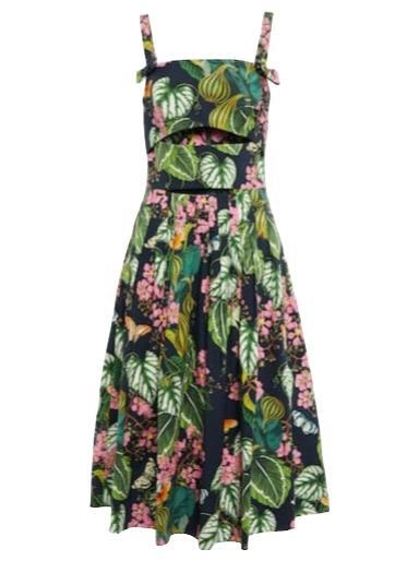 Oscar De La Renta Printed Cotton-blend Poplin Cutout Midi Dress - Multicolor