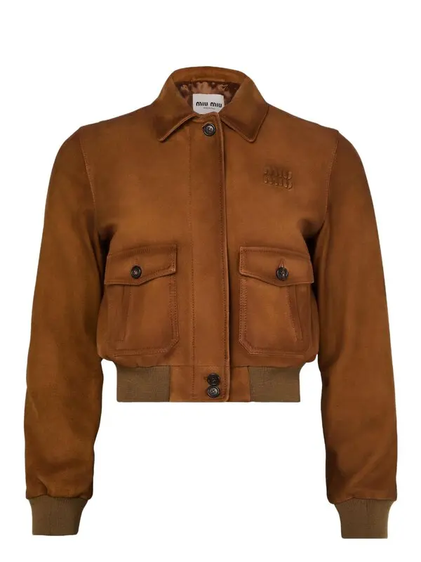 Miu Miu Cropped Suede Bomber Jacket With Flap Pockets - Brown