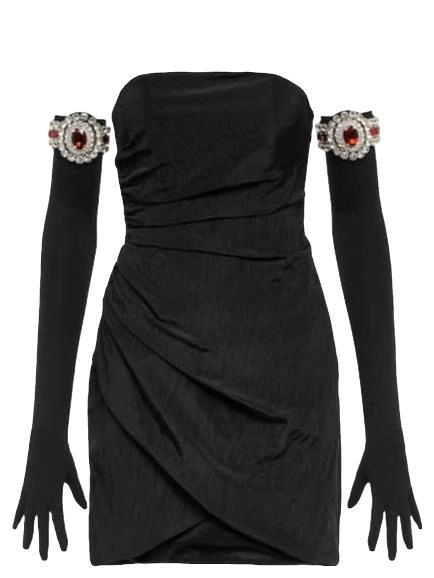 David Koma Sleeveless Ruched Moir Mini Dress With Embellished Gloves - Black