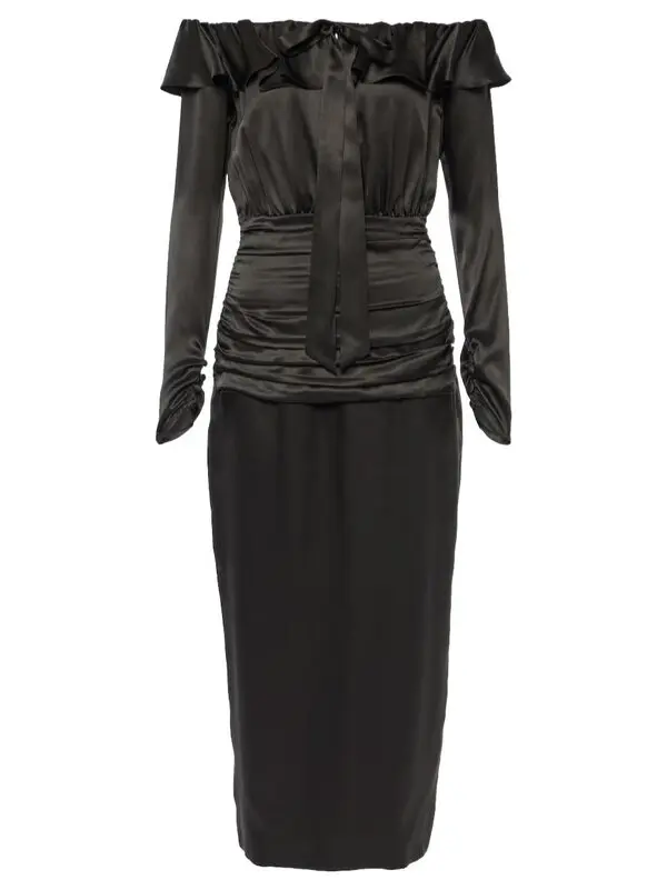 Alessandra Rich Off-shoulder Silk Midi Dress - Black