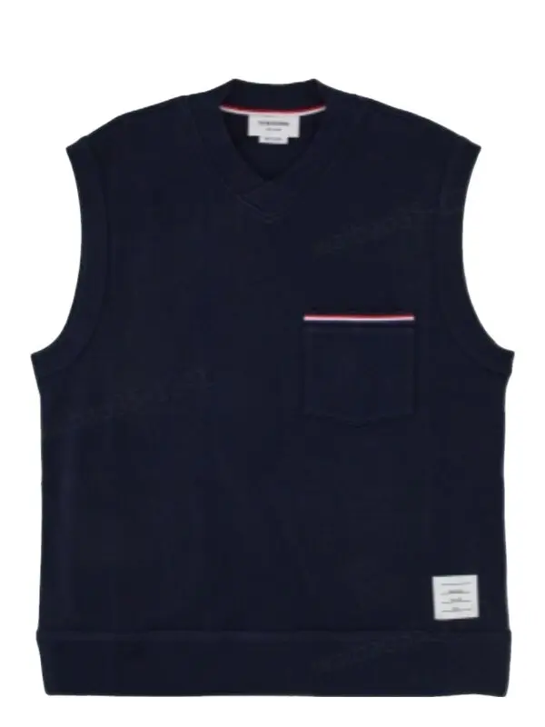 Thom Browne V-neck Knitted Vest With Striped Pocket - Navy Blue