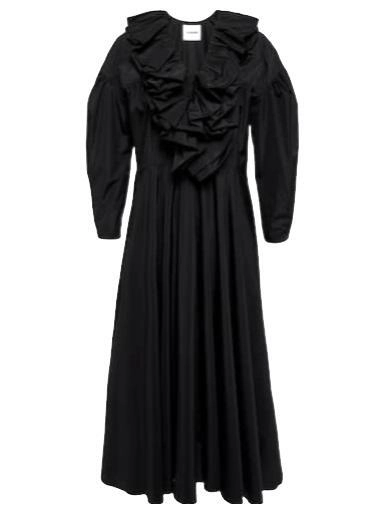 JIL SANDER Midi Dress With Ruffled V-neck And Voluminous Sleeves - Black