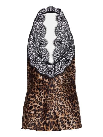 NILI LOTAN Teo Leopard-print Silk Satin Halterneck Top With Lace Trim - Black