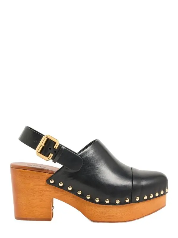 Chloé Round Toe High Heeled Clogs With Gold Finish - Black