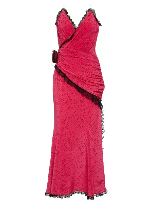 Alessandra Rich Polka Dot Silk Maxi Dress With Floral Applique - Fuchsia/black