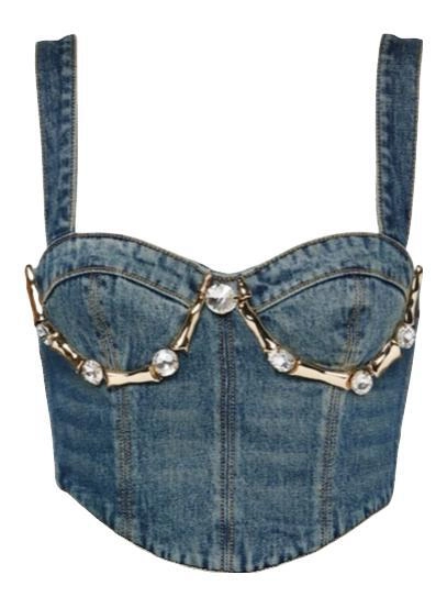 AREA Claw Embellished Denim Bustier - Blue