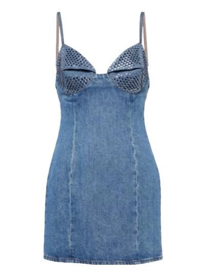 AREA Crystal Embellished Denim Mini Dress - Blue