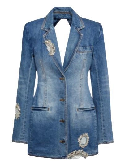 AREA Embellished Cutout Denim Blazer - Blue