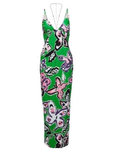 AREA Halterneck Embellished Printed Gown - Green