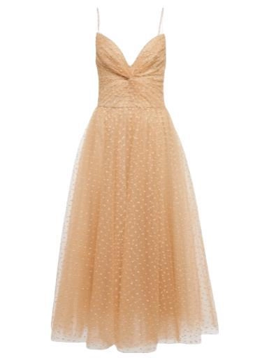 Monique Lhuillier Dotted Tulle Midi Dress - Nude