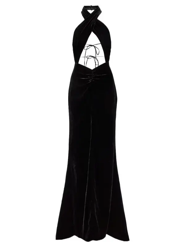 Alessandra Rich Velvet Halterneck Gown With Cutout Detail - Black