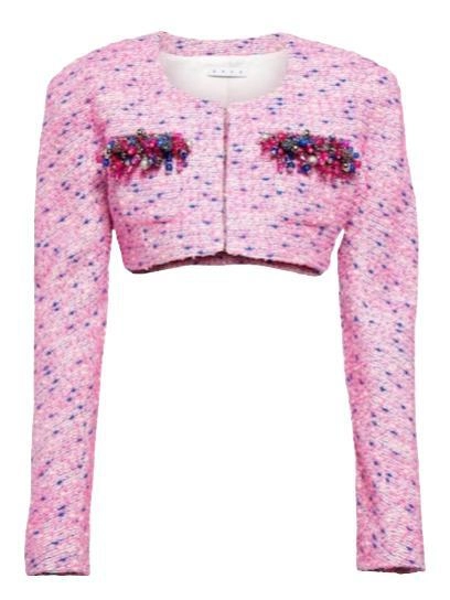 AREA Embellished Bouclé Cropped Jacket - Pink