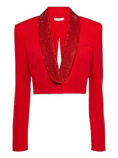 AREA Crystal-embellished Cropped Wool Blazer - Red