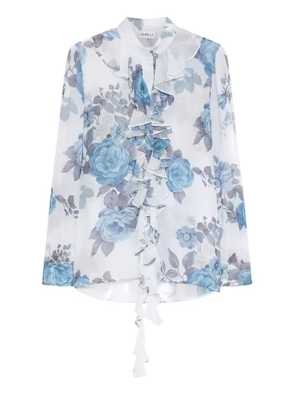 Marella Ruched Floral Georgette Shirt - Light Blue