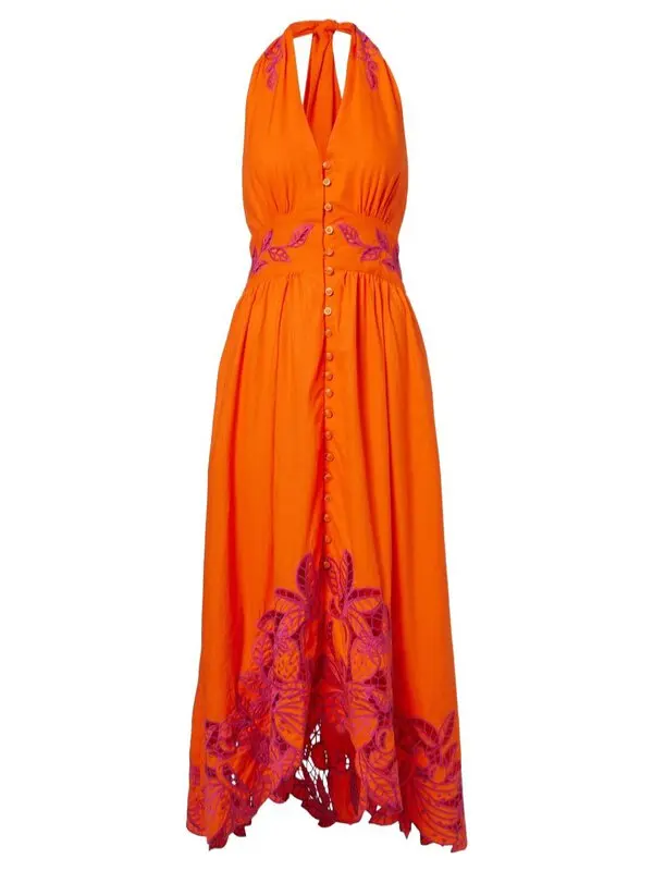 Farm Rio Hollowed-out Lace Trim Midi Dress - Red
