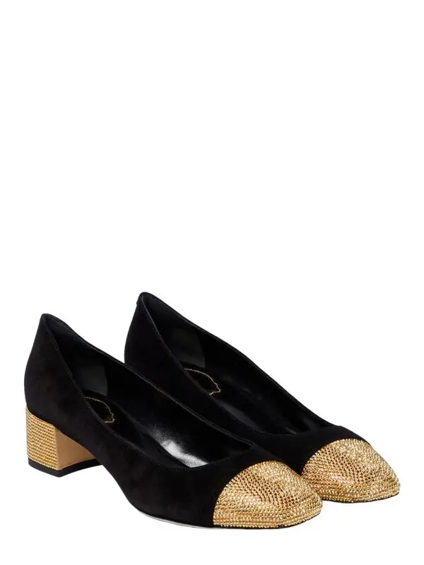 Rene Caovilla Bonnie Embellished Suede Pumps With Crystal Cap Toe And Heel - Black